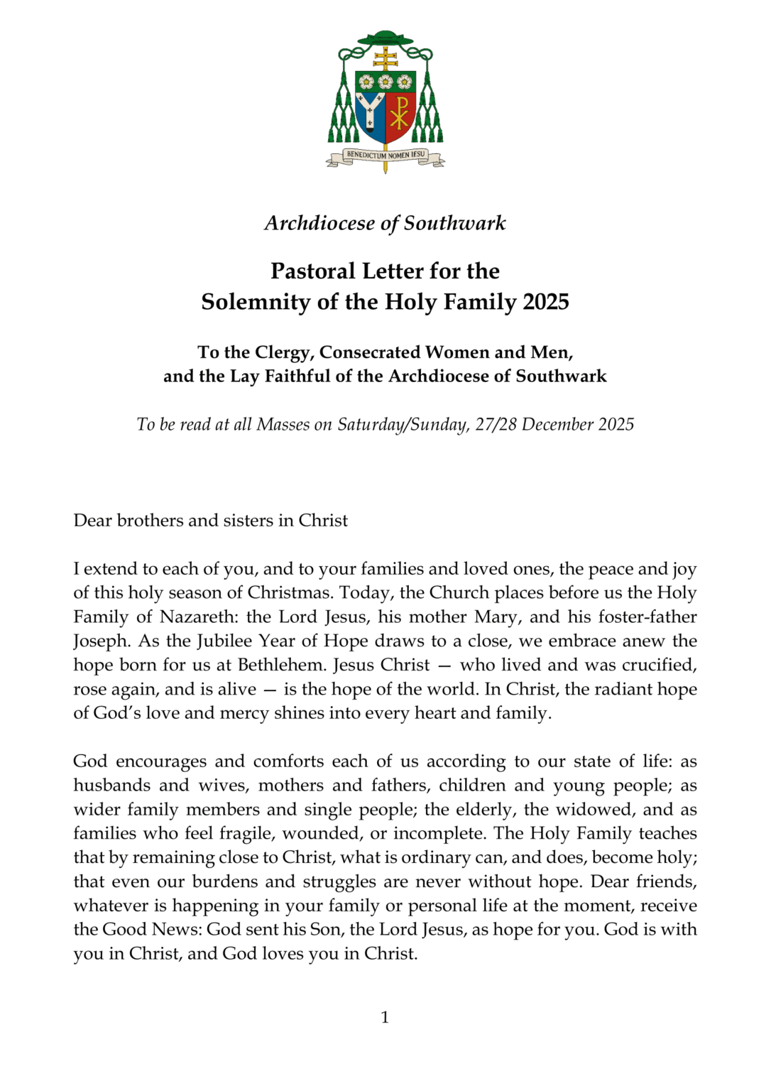 Archbishop John Wilson’s Pastoral Letter for the Solemnity of the Holy ...